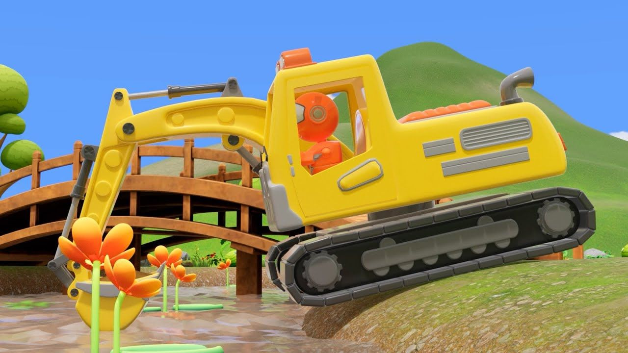 挖掘机在河流中勾泥沙,儿童早教益智动画