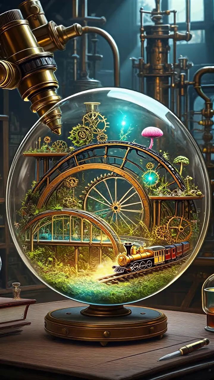 晶莹剔透的玻璃球内悬浮着复杂的蒸汽机械装置,黄铜齿轮与发条精密...