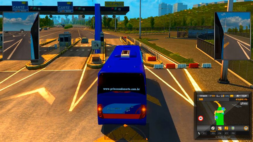 欧洲卡车模拟2:前面发现一处免费收费站,驾驶大巴车进入吧