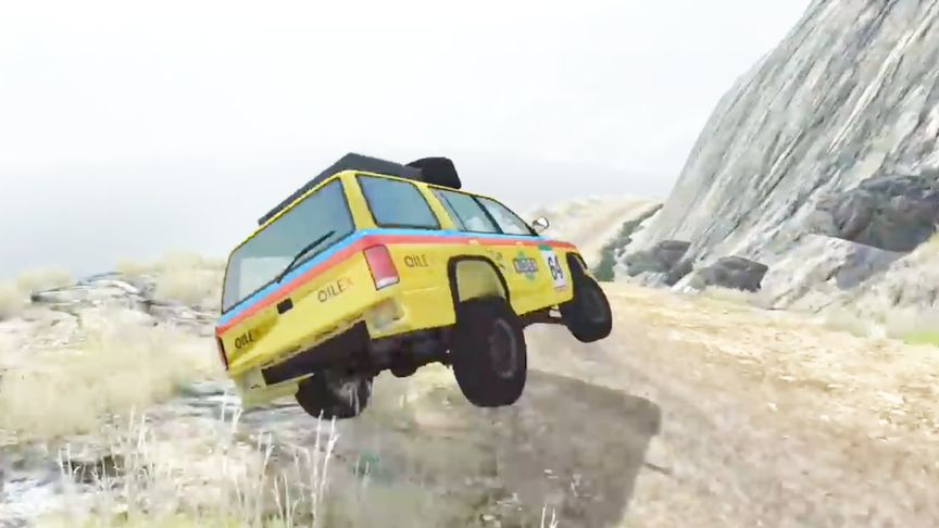 BeamNG:越野车开足马力山路转弯不减速冲下山坡,车祸模拟器
