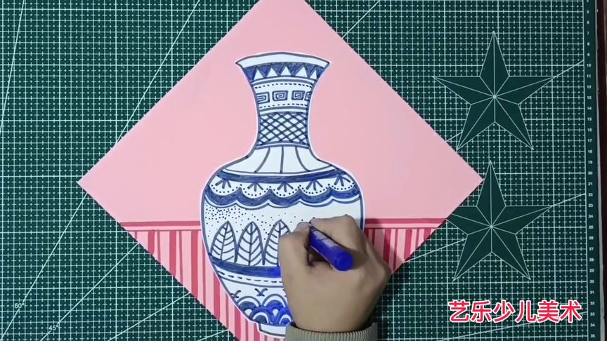 青花瓷花瓶儿童线描画#少儿创意美术#画画教程