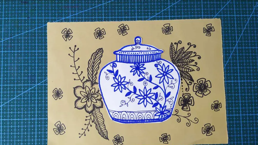 创意线描课程《线描青花瓷瓶》,好看有趣又简单,带娃一起画吧