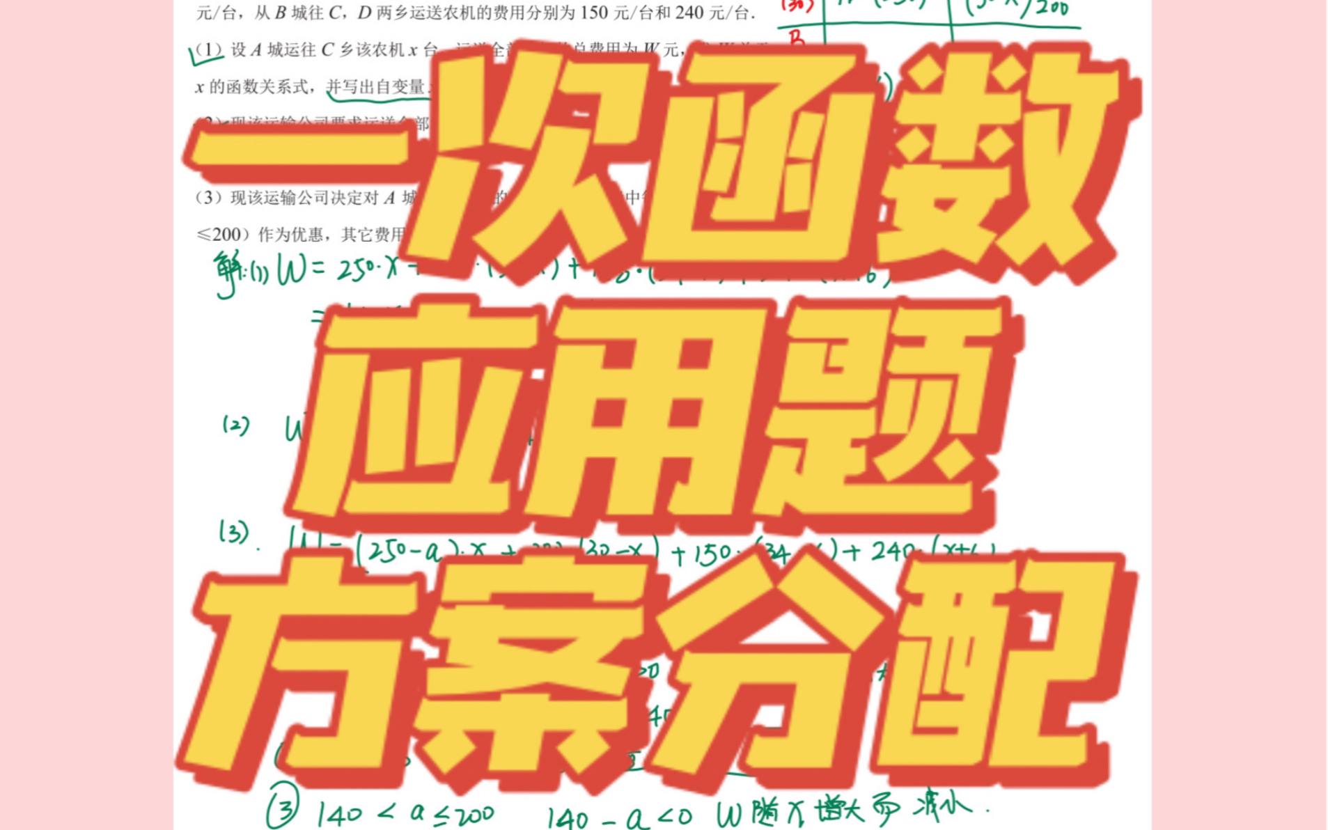 初二上。一次函数。应用题。方案分配。表格法。此类问题通常涉及四...