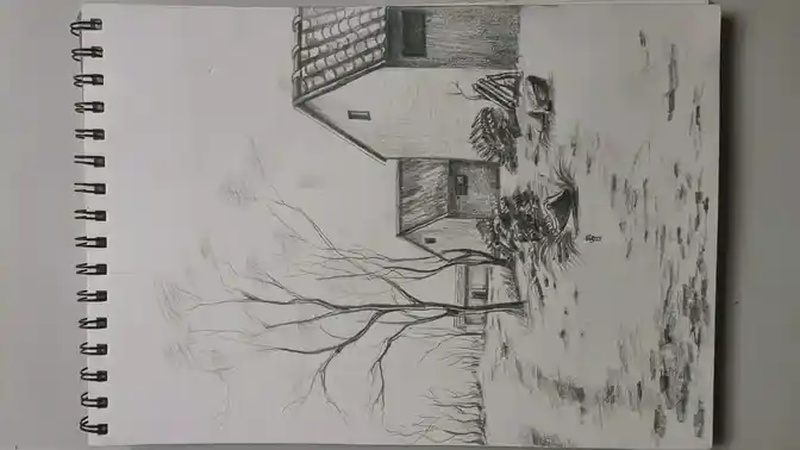 素描农村房屋风景简笔画步骤分享