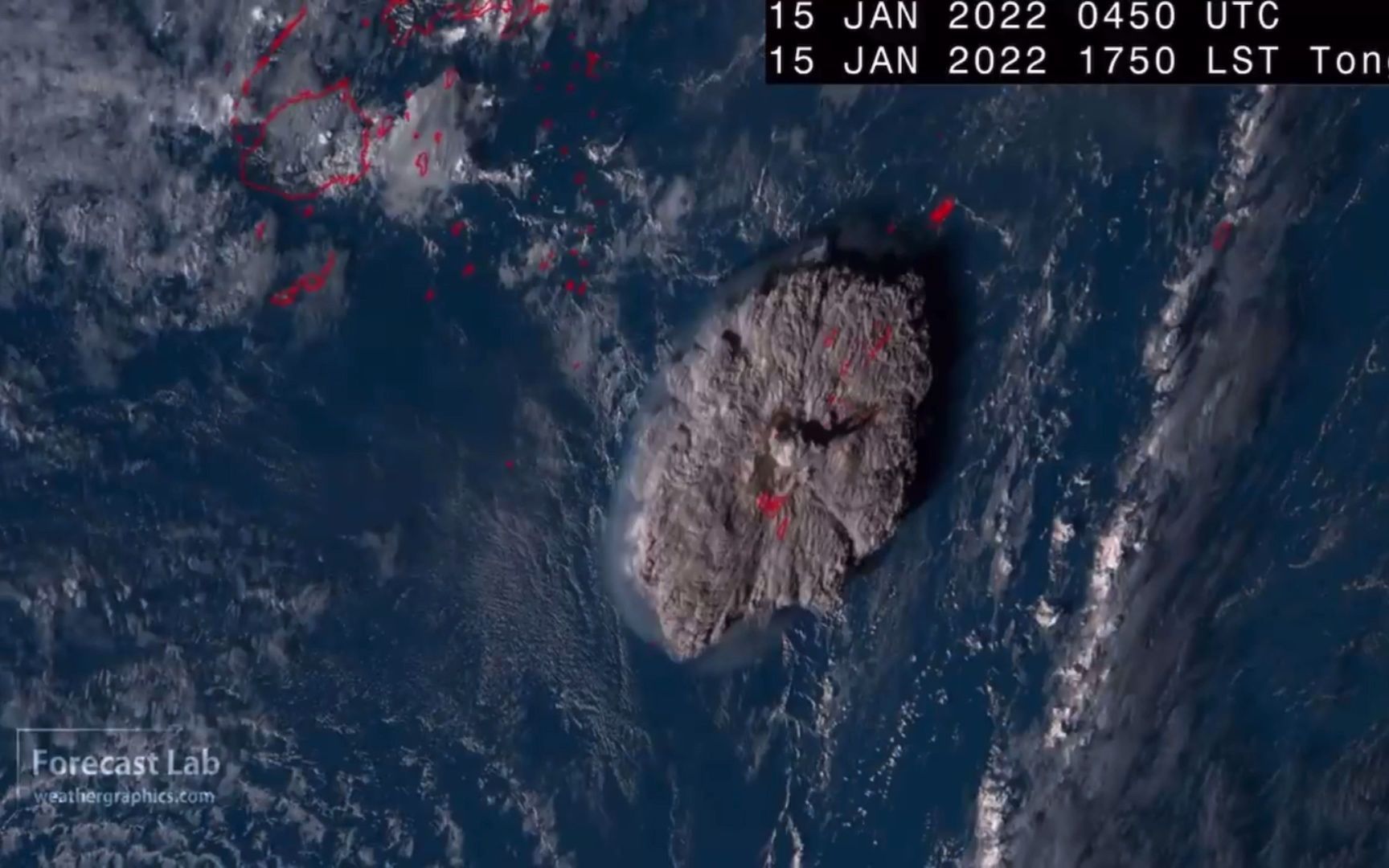 卫星实拍汤加火山爆发视频