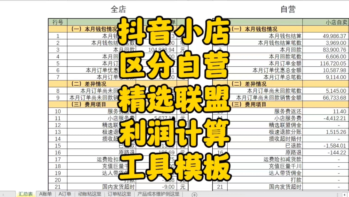 抖音小店区分自营和精选联盟的利润计算模板工具