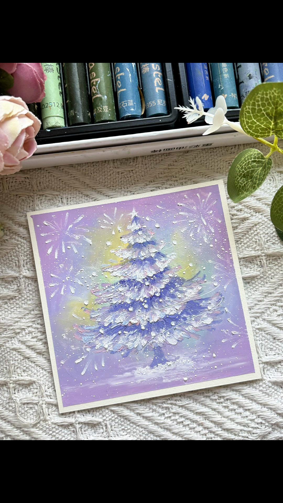 圣诞树雪景油画棒画视频教程 #艺术在抖音 #我的冬日画中雪 #节气插画
