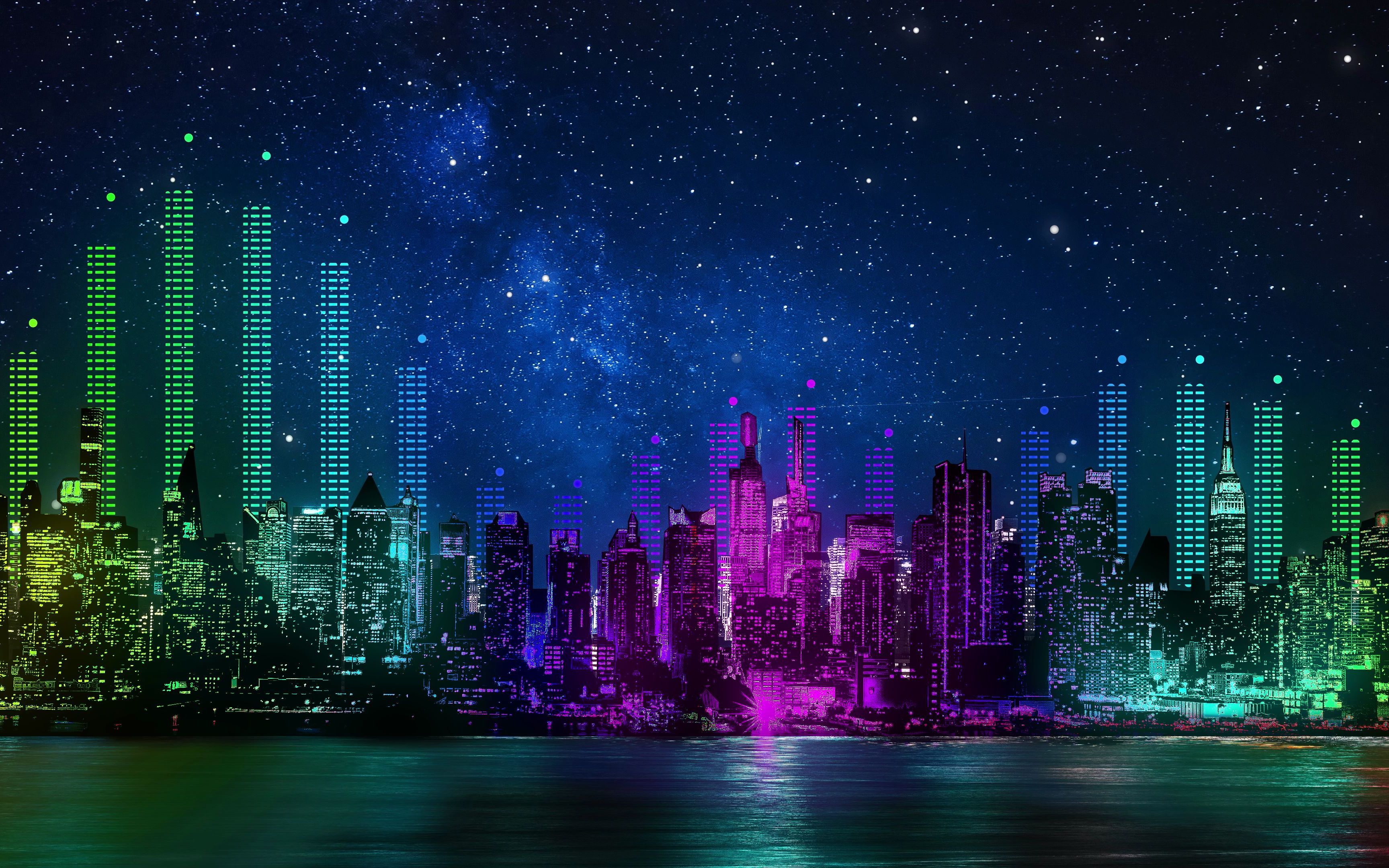 4k高清粒子led超宽大屏城市夜景音乐节奏动画背景