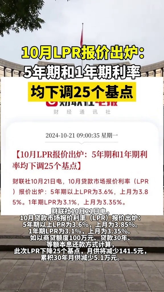 10月LPR报价出炉:5年期和1年期利率均下调25个基点#lpr房贷