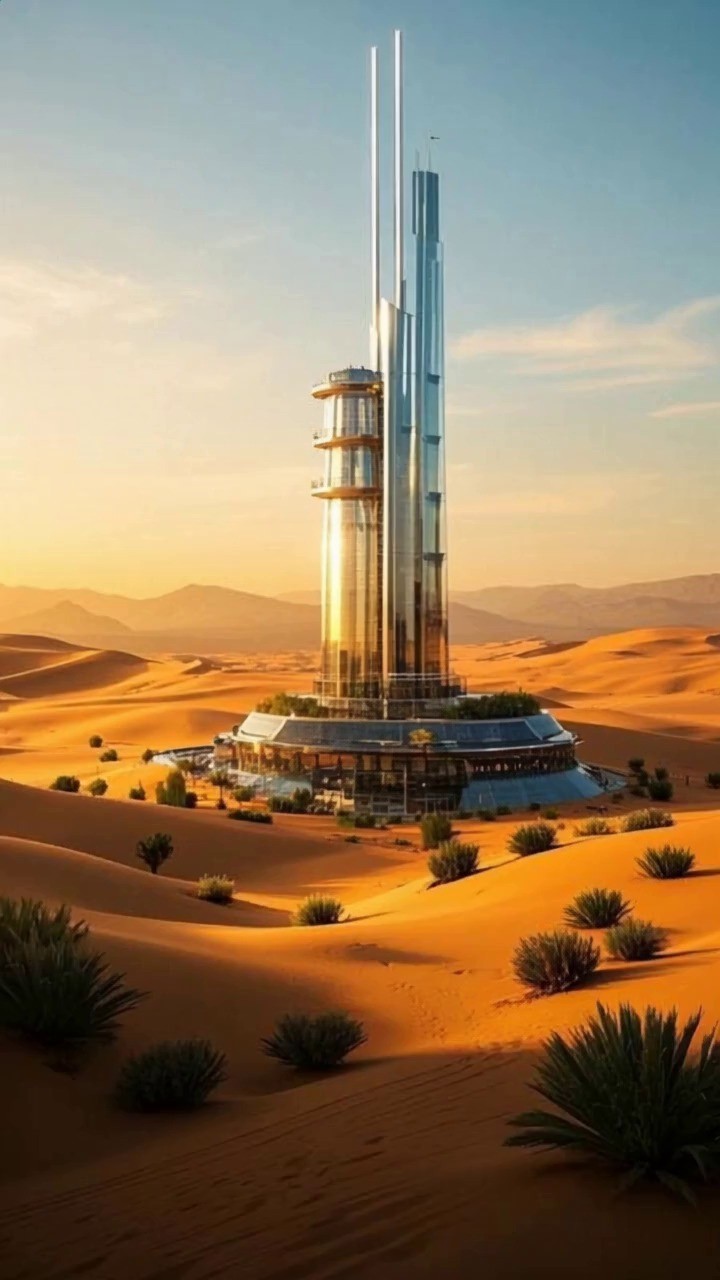 未来主义高塔,流线型金属与玻璃复合结构,表面环绕蓝色发光能量纹路,...