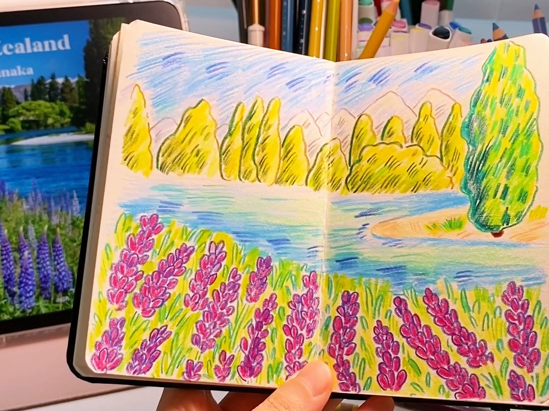 彩铅手绘花海风景简笔画治愈自己教程
