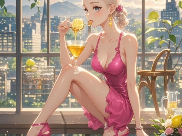 身穿粉色晚礼服美女喝蜂蜜柠檬茶