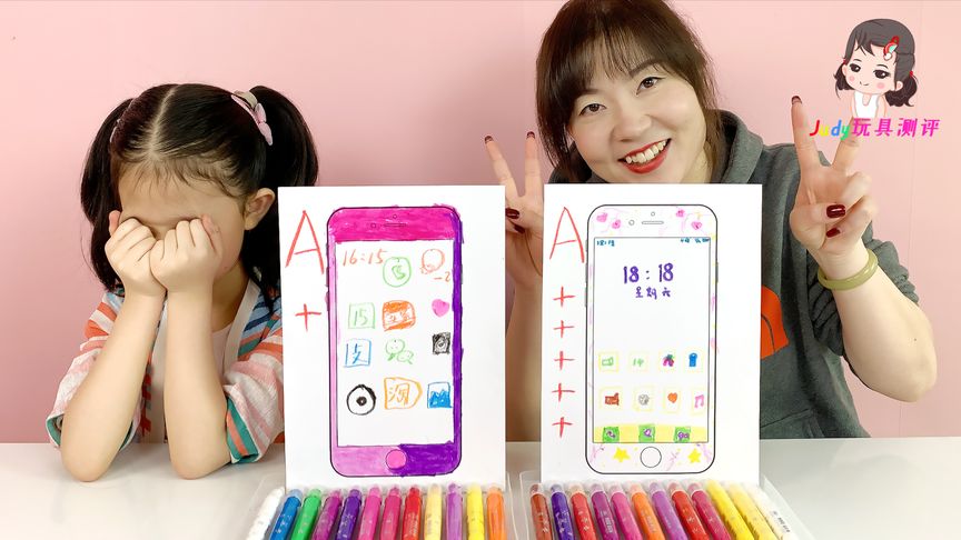 宝宝和妈妈为苹果手机涂色幼儿画画颜色启蒙涂鸦