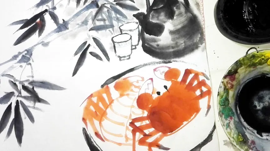 小石国画入门-写意红螃蟹熟 螃蟹的完整构图画法