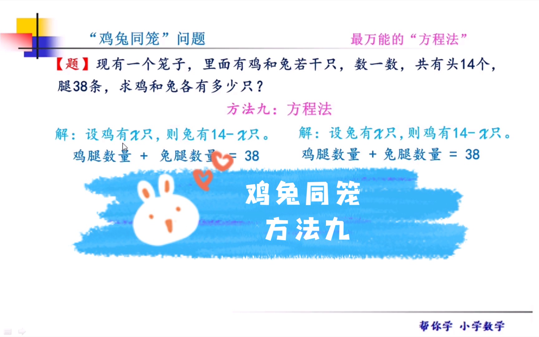 如何解答“鸡兔同笼”问题 ?方法之九 ,最万能的“方程法”!