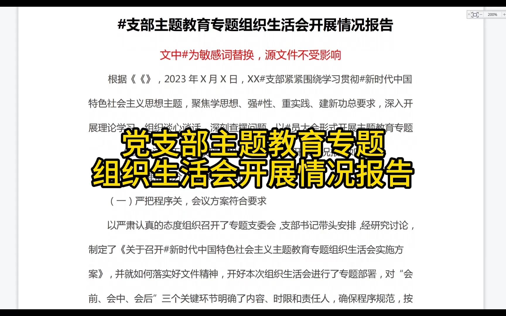 党支部主题教育专题组织生活会开展情况报告