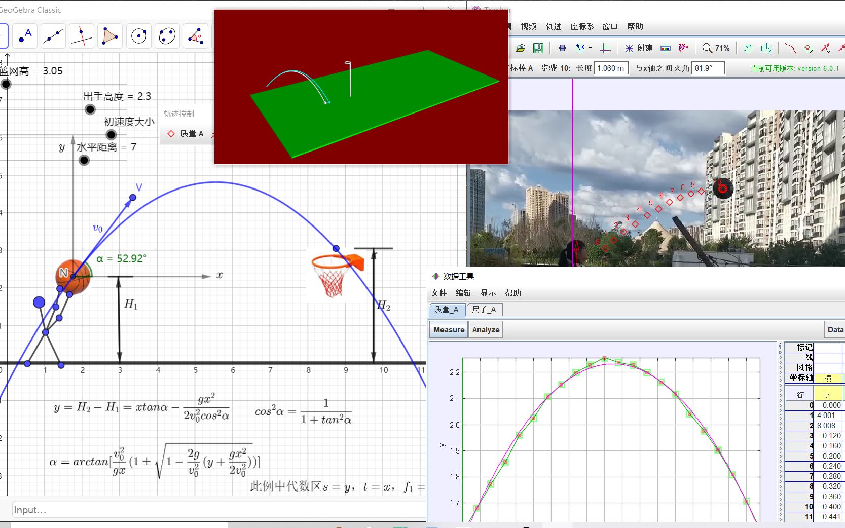 投篮问题物理建模分析(下)ggb与Vpython和Tracker三者的结合
