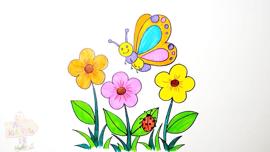 学龄前儿童早教绘画视频教程,教孩子们学画花,蝴蝶和虫子