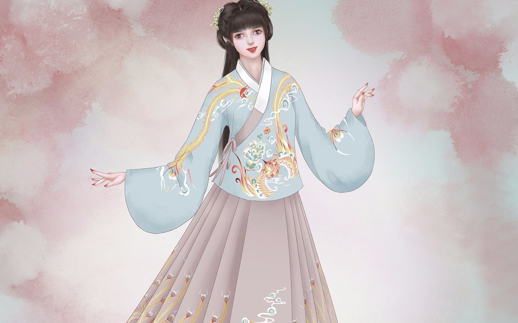 凤朝丹霞 汉服设计 袄裙立绘PS绘画过程
