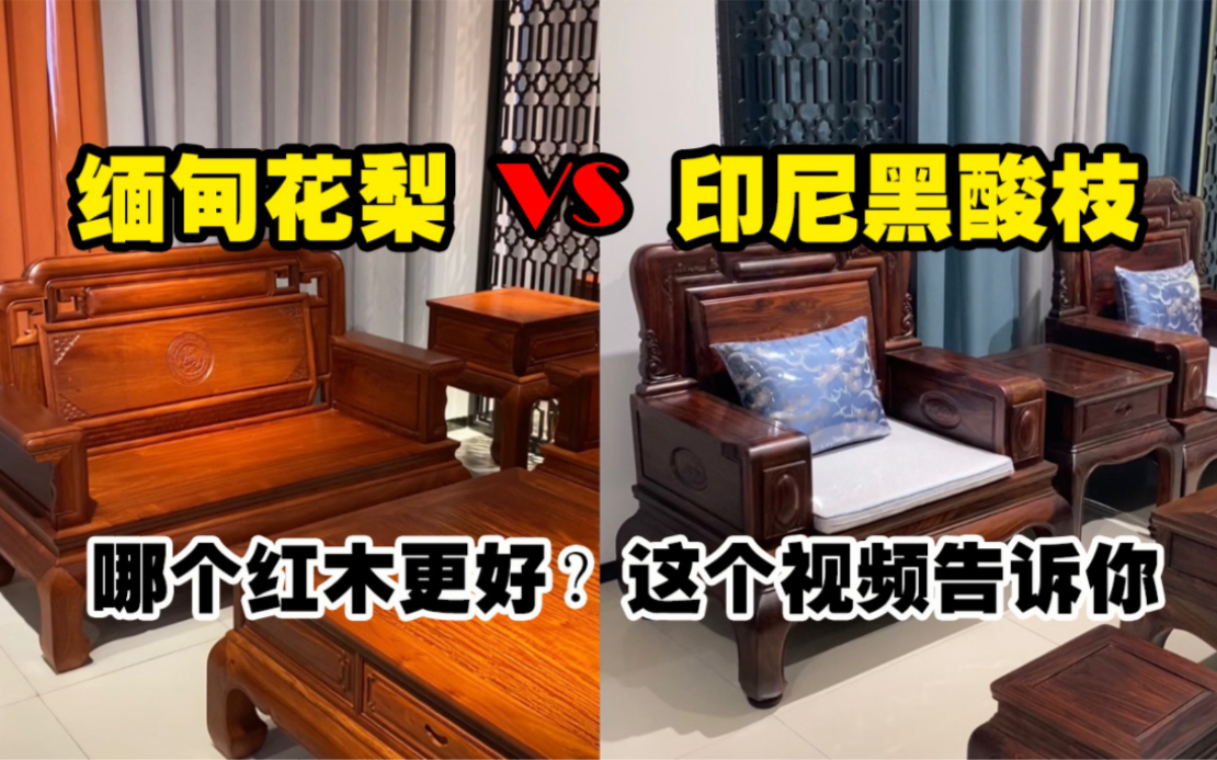 缅甸花梨对比印尼黑酸枝,哪个红木更好?这期视频告诉你,干货满满