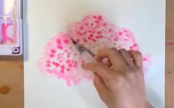 水彩画 画画创意美术 樱花树画法三 在家才艺dou起来