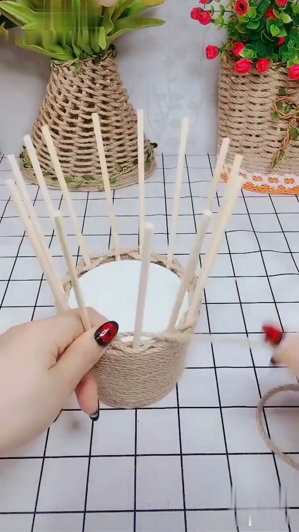 一次性筷子和麻绳可以做收纳筐 花篮 灯罩