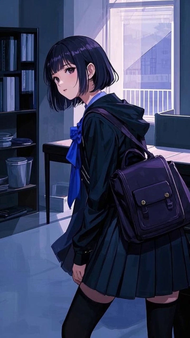 ...经典深蓝色水手服校服的亚洲少女,背着黑色皮质双肩书包站在樱花树...