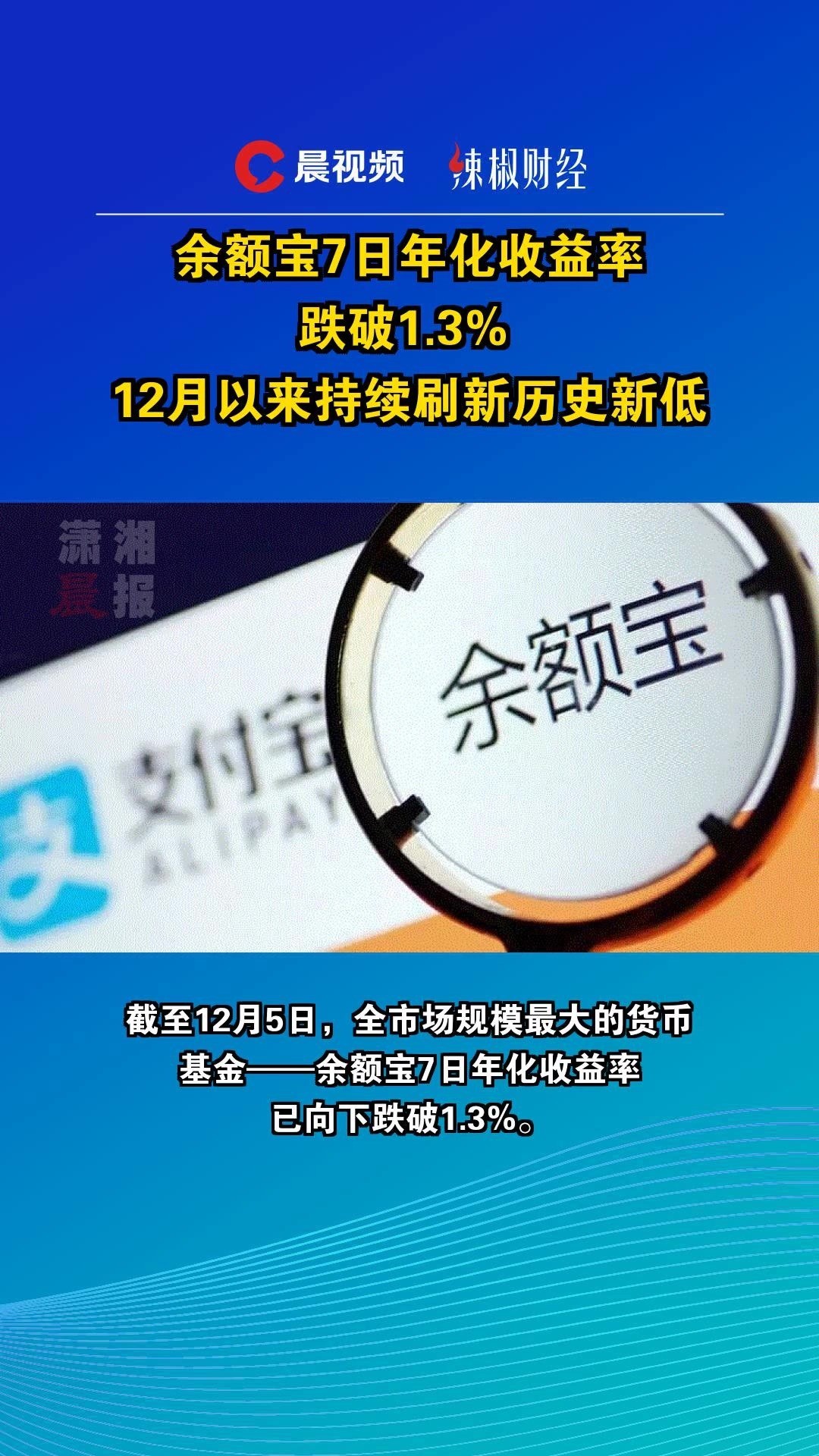 余额宝7日年化收益率跌破1.3%,12月以来持续刷新历史新低