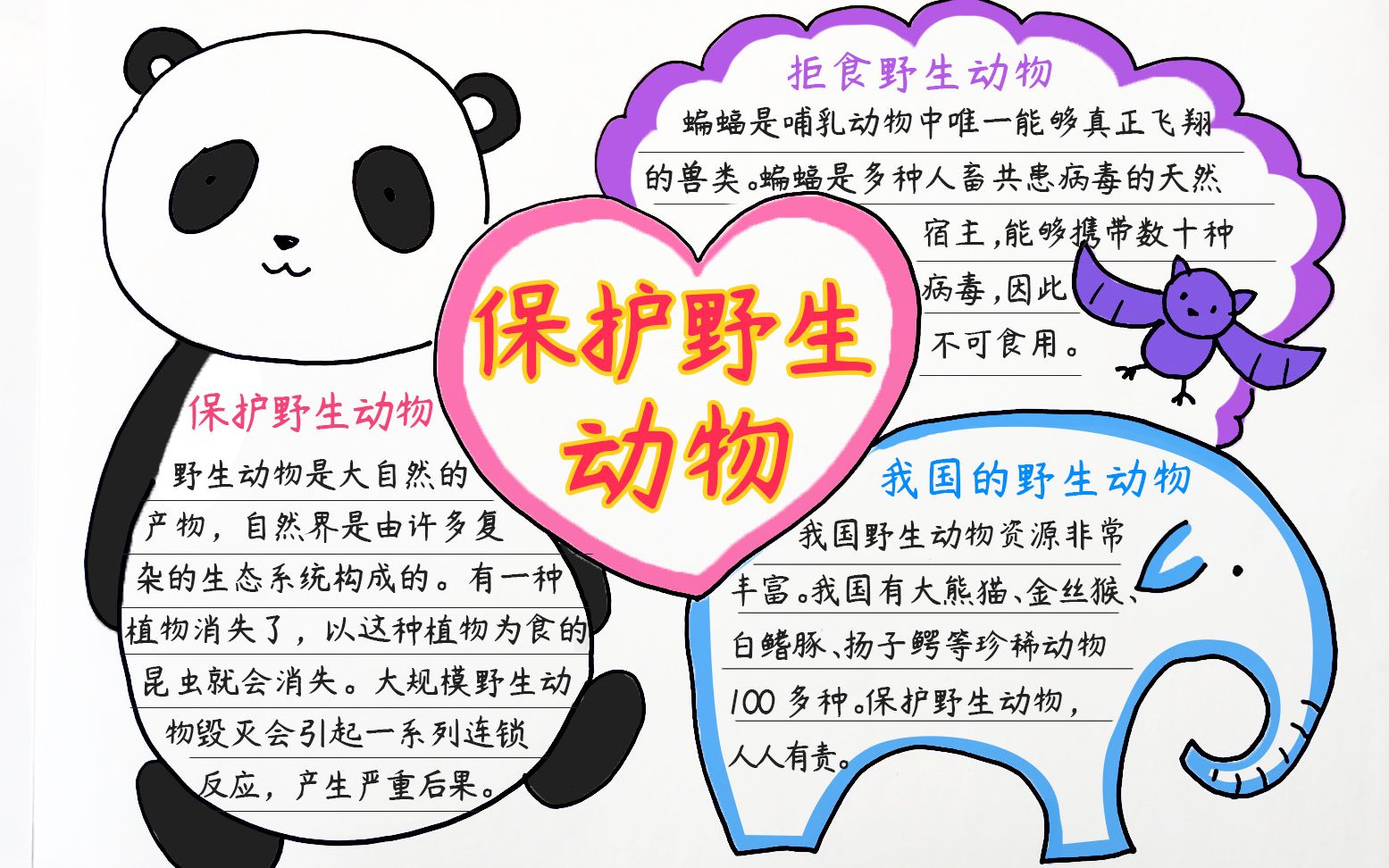 保护野生动物,我们在行动!一起学画保护野生动物手抄报