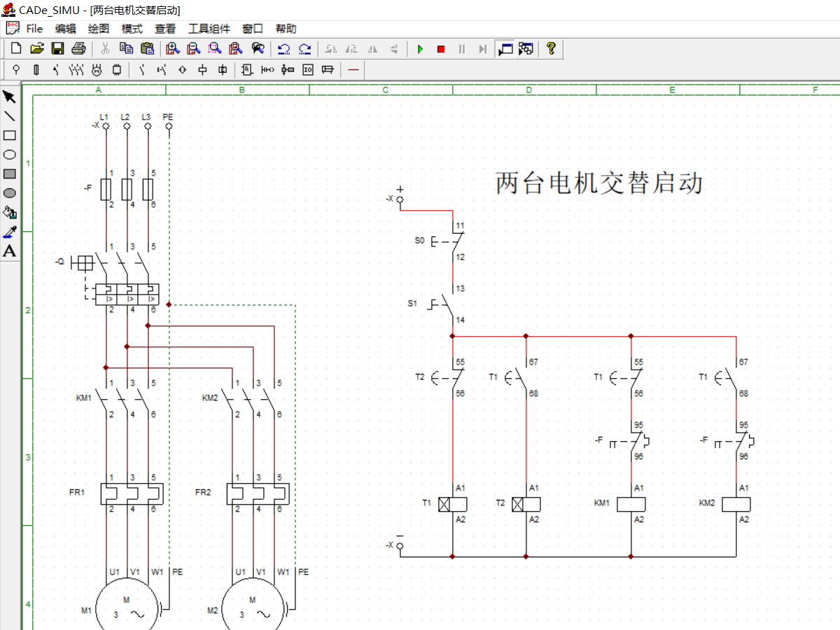 电工电路仿真软件CADe_SIMU-两台电机交替启动仿真