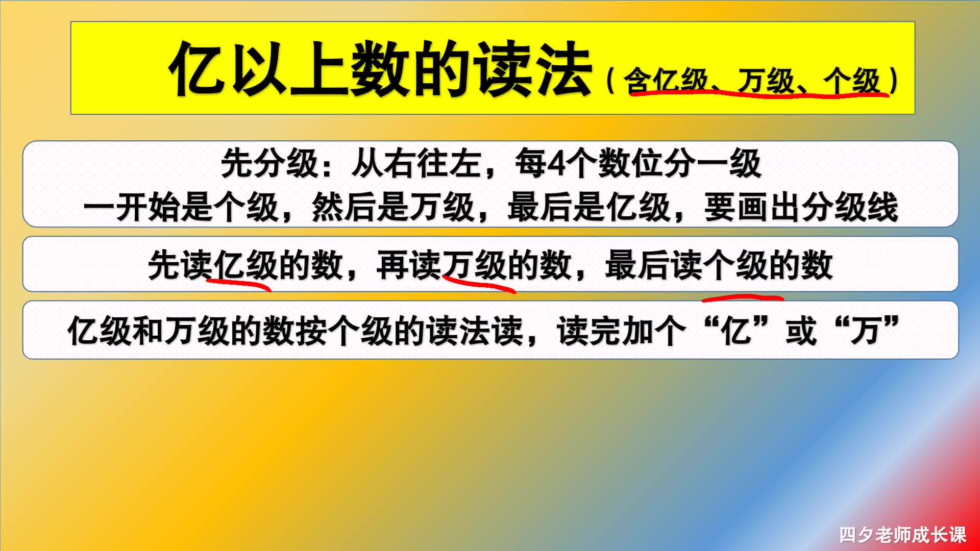 四年级数学:亿以上数的读法(含亿级、万级、个级)