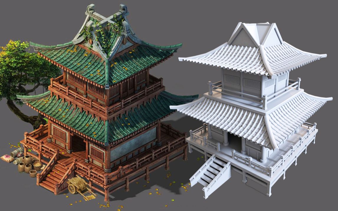 3DMAX超细节古风场景建筑模型搭建/瓦片/楼梯完整步骤场景建模教程