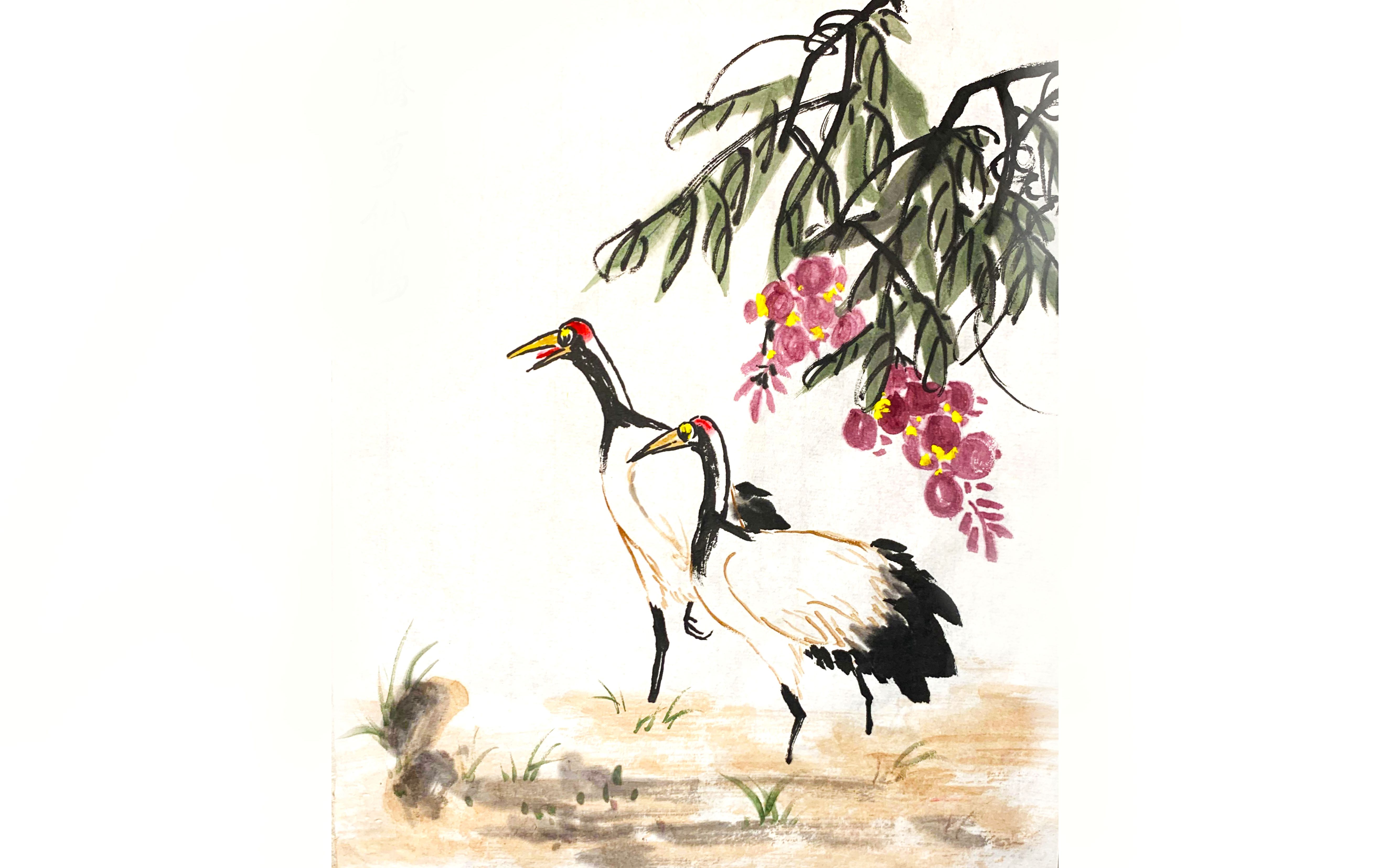 国画《仙鹤与藤萝》如何画长寿鸟,跟着口诀画国画!