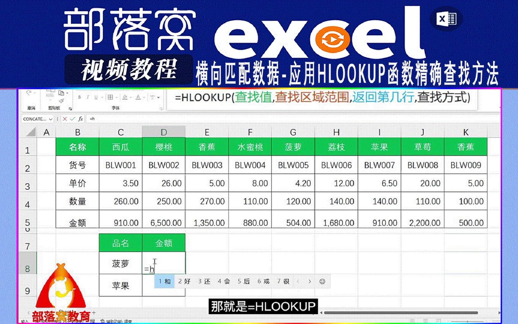 excel横向匹配数据视频:应用HLOOKUP函数精确查找方法