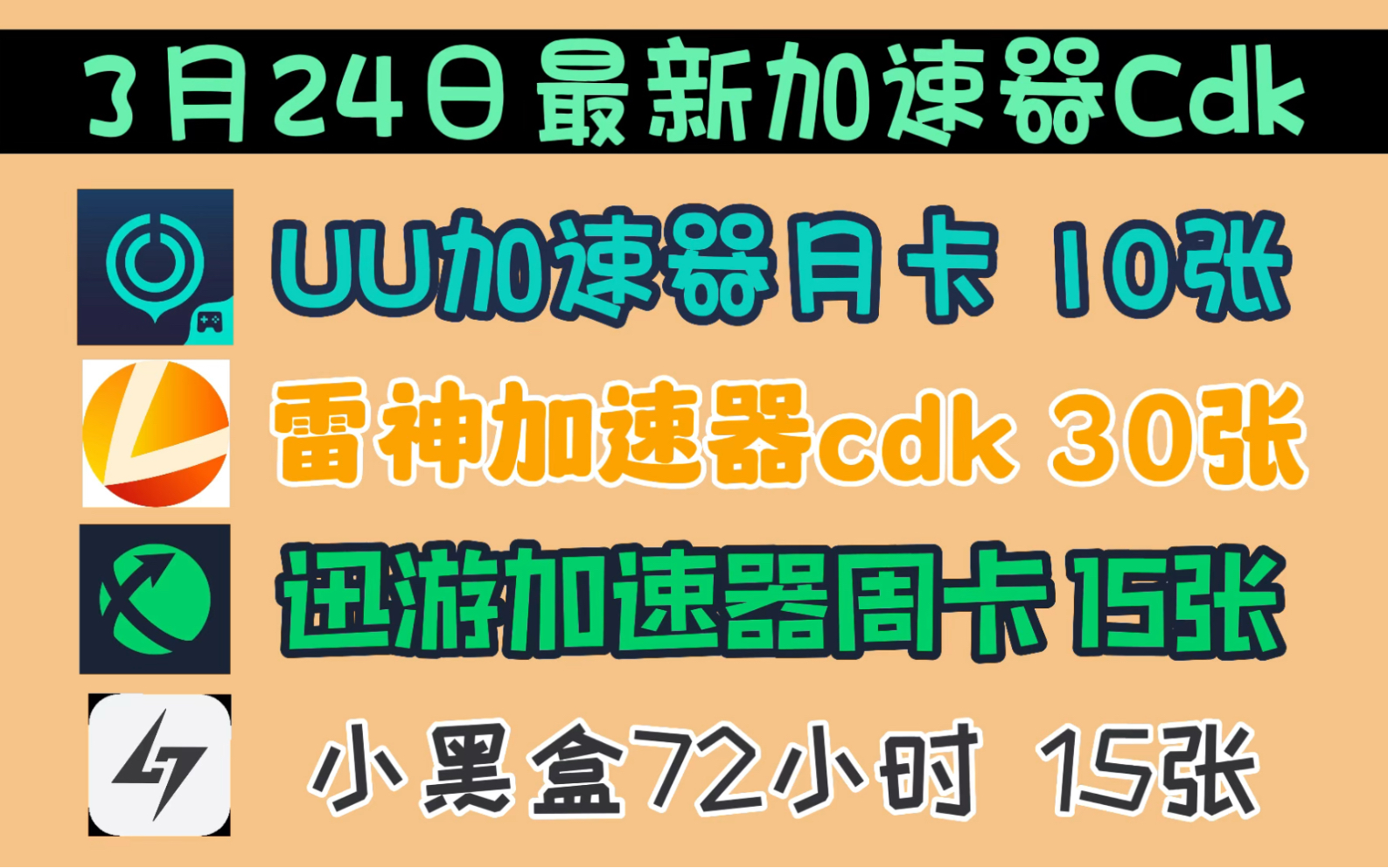 3月24日最新免费白嫖加速器口令和兑换码!UU加速器月卡 10张,雷神...