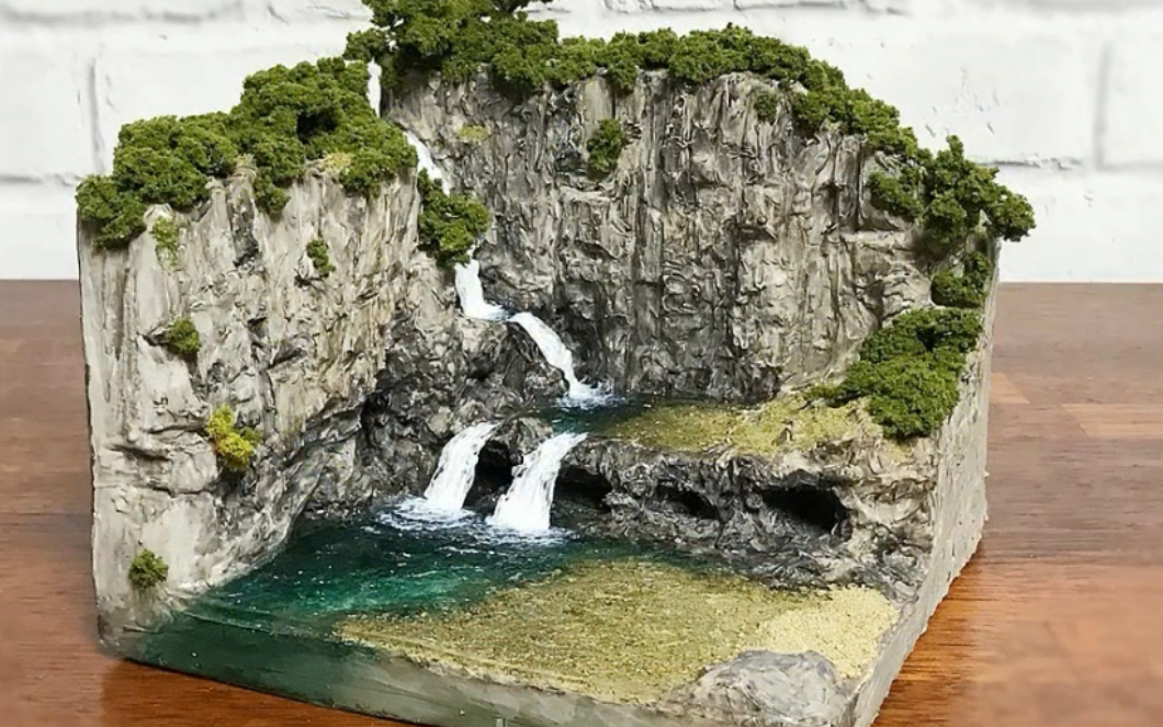 【微缩场景模型制作教程】瀑布模型制作教程,微缩场景模型制作过程。