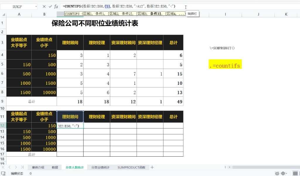 countifs函数如何大于某个单元格的值