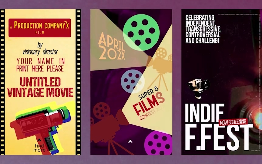 AE竖屏分辨率模板-电影海报 胶片 摄像机摄影机活动宣传单海报 开屏...