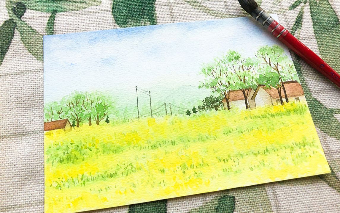 【新手向水彩】新手水彩风景教程~春天的油菜花田