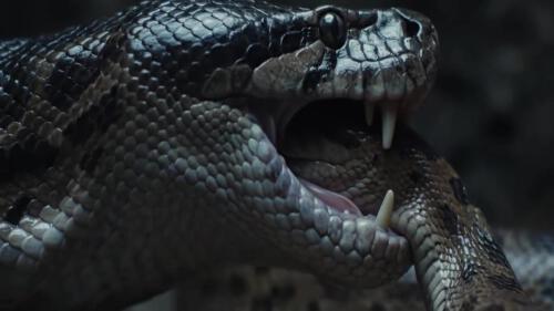 洞穴黑头蟒吞食毒蛇,眼镜蛇头部被强行纳入,毒牙刮擦蟒蛇口腔