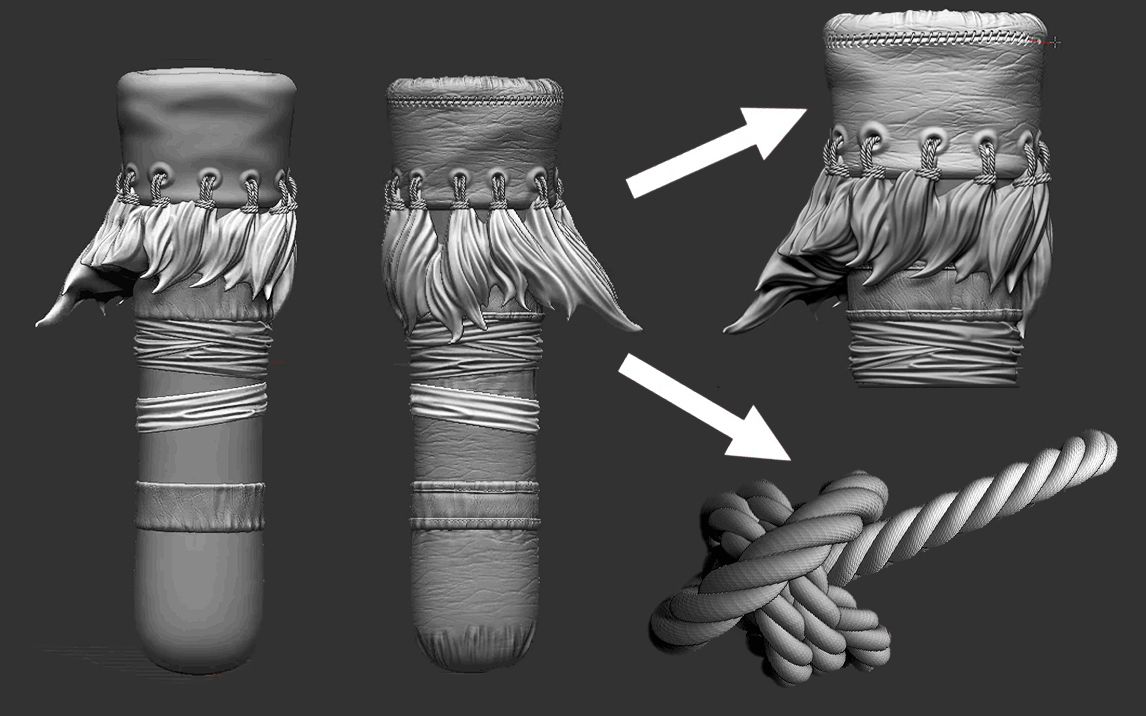 【zbrush新手建模】“古墓丽影”劳拉的箭袋模型雕刻教程。麻绳、...