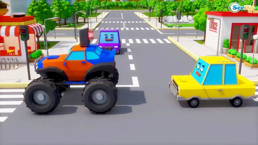 卡通汽车!车顶上的红绿灯