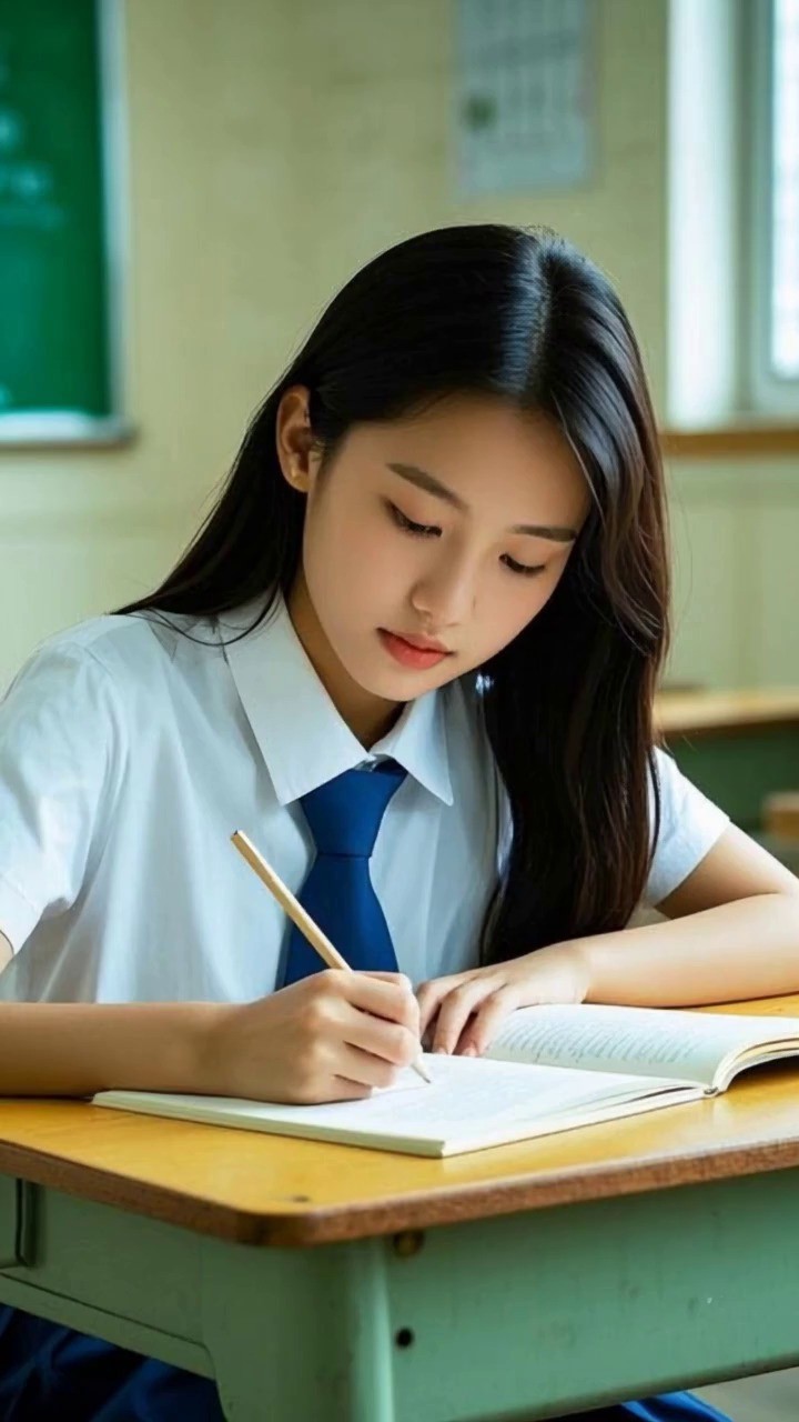 身着日式校服的少女伏在木纹课桌上专注书写,课桌堆满课本和练习册,...
