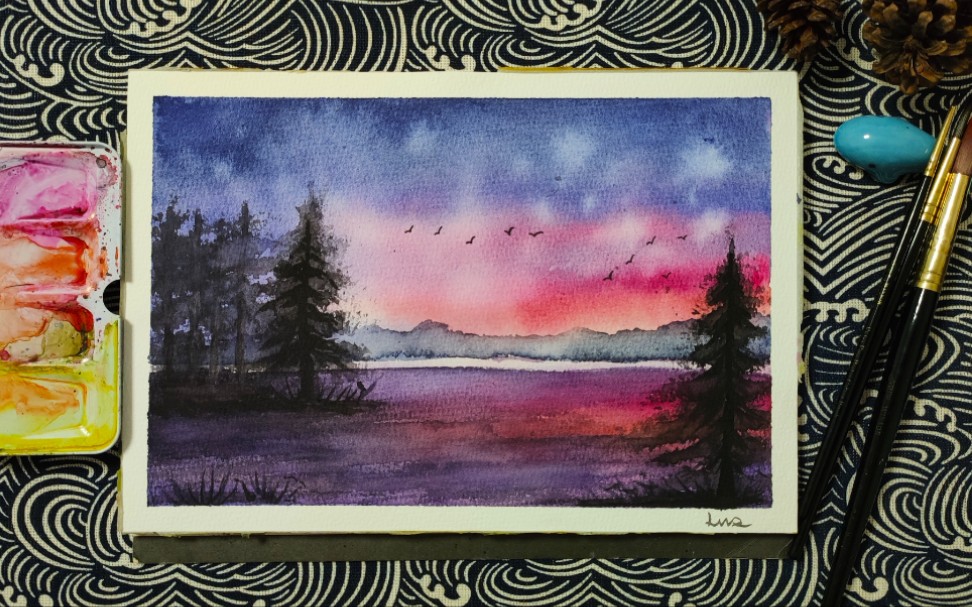 【水彩风景画】画一副简单的晚霞图