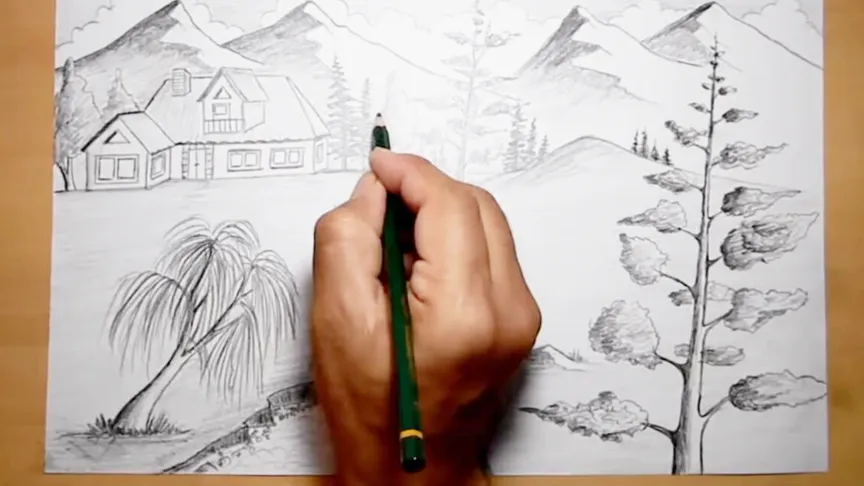适合新手的素描风景画,简单的山、小溪、树、房子、白云等。