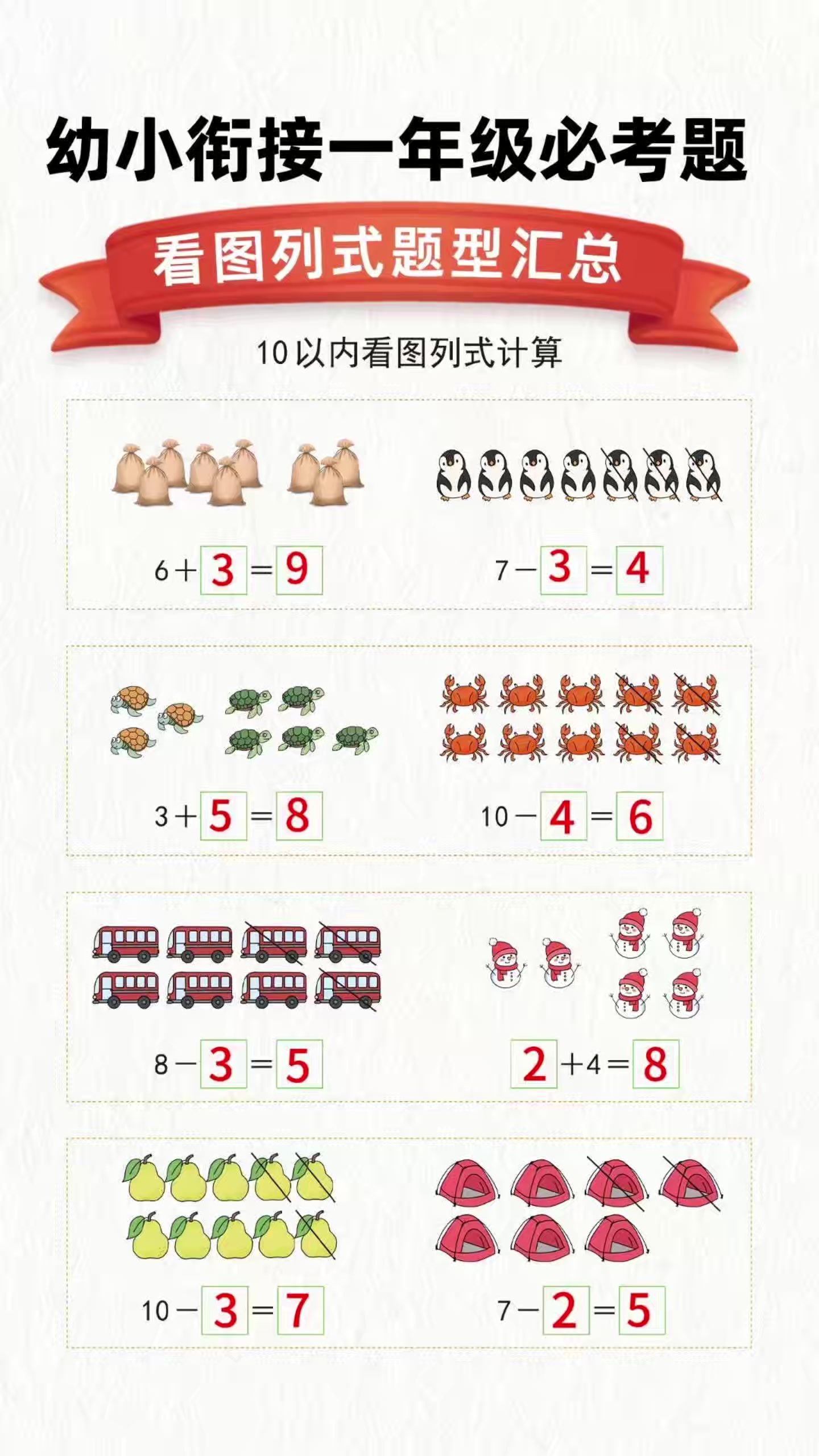 幼小衔接一年级10以内加减法口算计算题,内容丰富包含看图列式计算,...