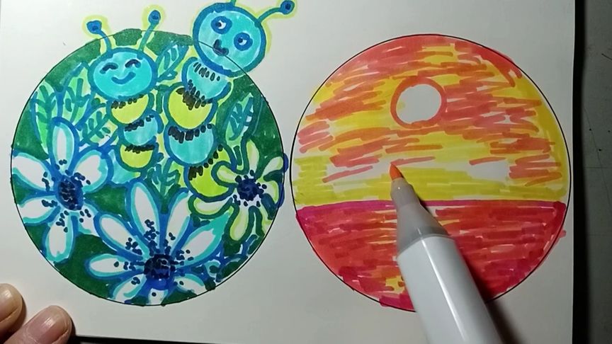 四年级上册美术示范画:色彩的冷暖对比(暖色调 日出)