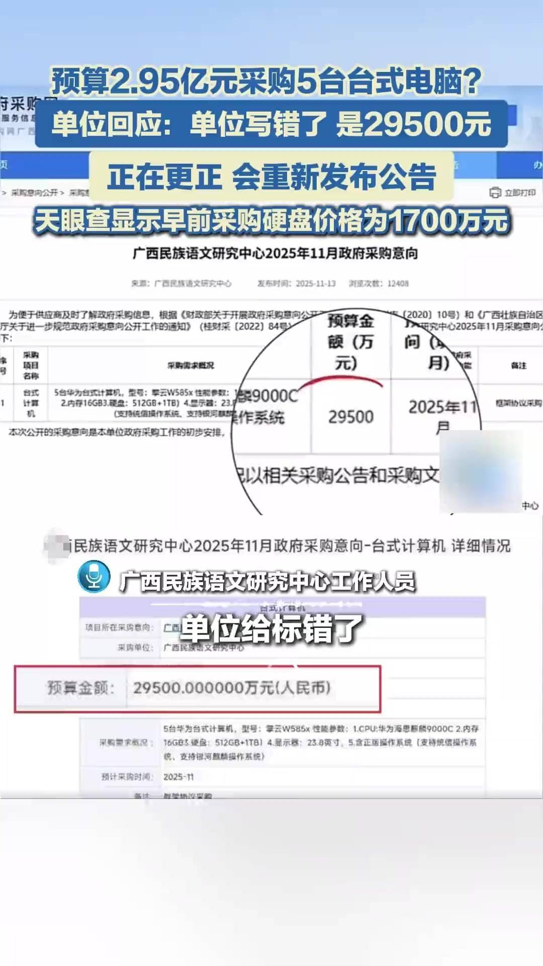 预算2.95亿元采购5台华为电脑?单位回应:单位写错了,是29500元
