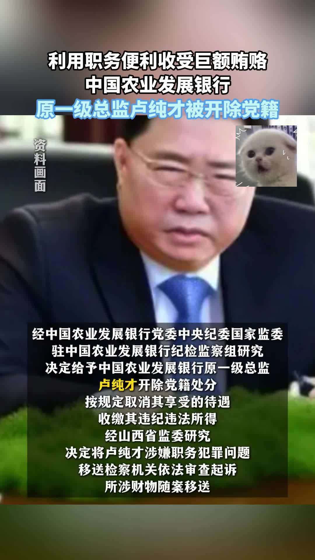 利用职务收受贿赂!中国农业发展银行,原总监卢纯才被开除党籍