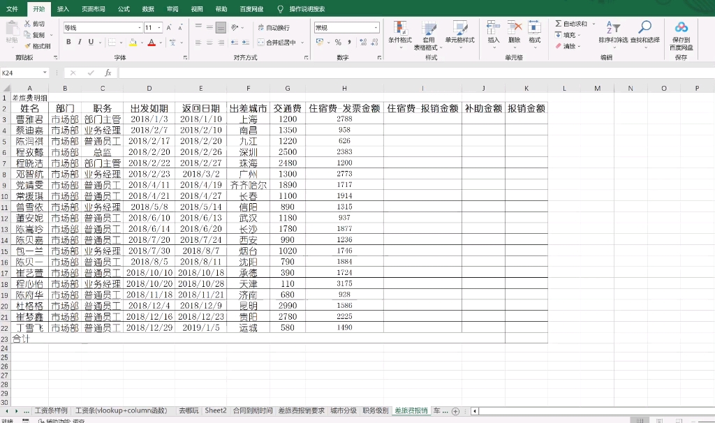 差旅费报销的计算,使用到vlookup和min函数